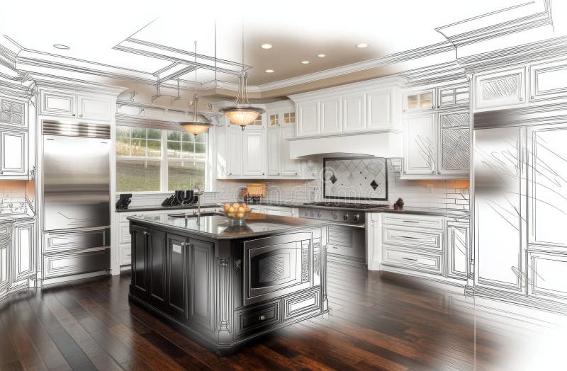 Custom House Blueprint Drawing and Finished Construction. Stock Photo ...