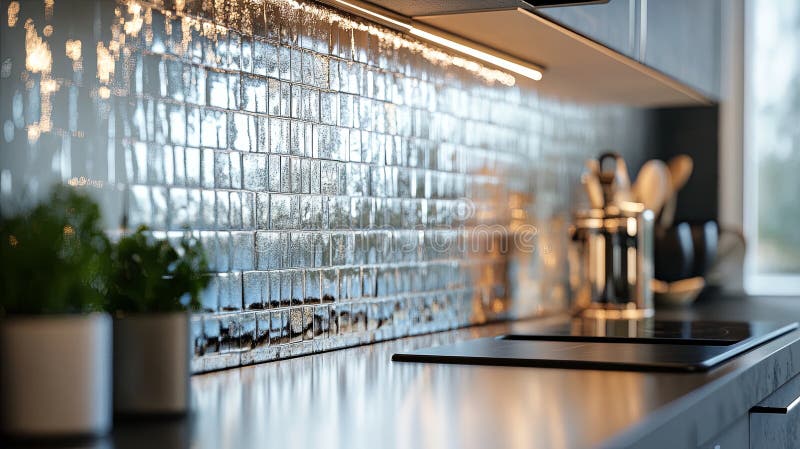 Custom Kitchen Backsplash Made Shimmering Reflective Metallic Stock ...