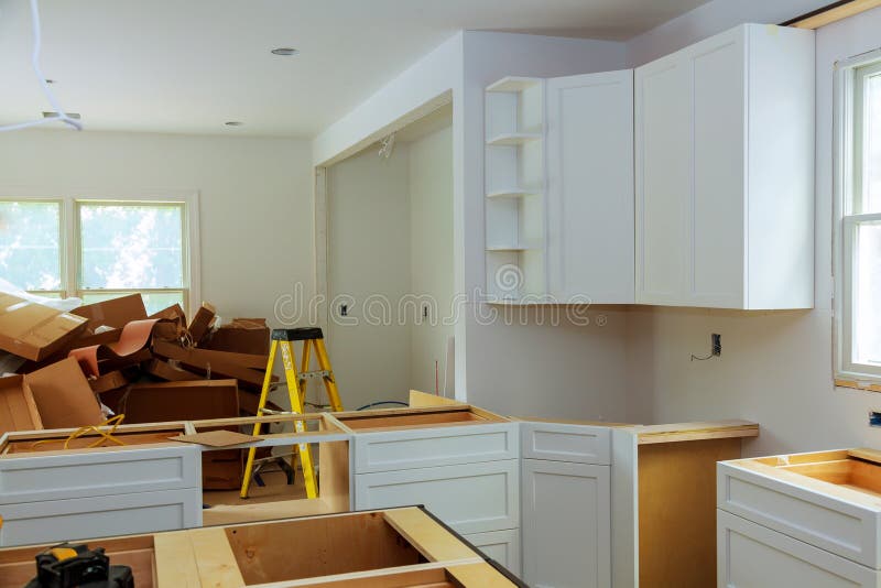 Custom Kitchen Cabinets in Various Stages of Installation Stock Image ...