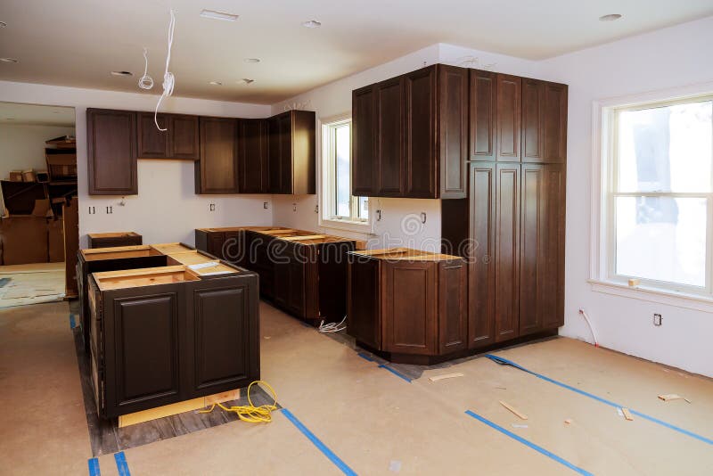 Custom Kitchen Cabinets of Installation Base for Island in Center Stock ...
