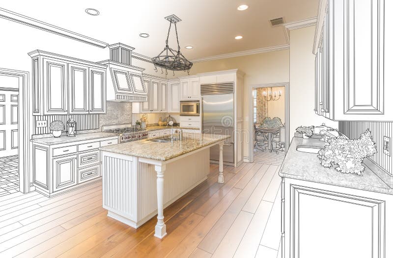 Custom Kitchen Design Drawing and Gradated Photo Combination Stock ...