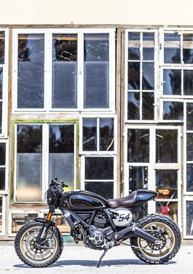 Custom Made Scrambler Style Cafe Racer Standing on Road Stock Photo ...