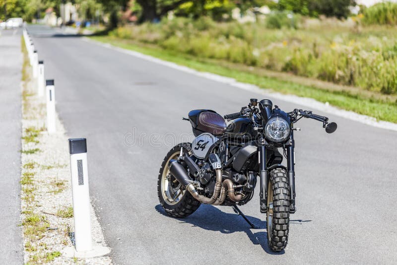 Custom Made Scrambler Style Cafe Racer Standing on Road Stock Image ...