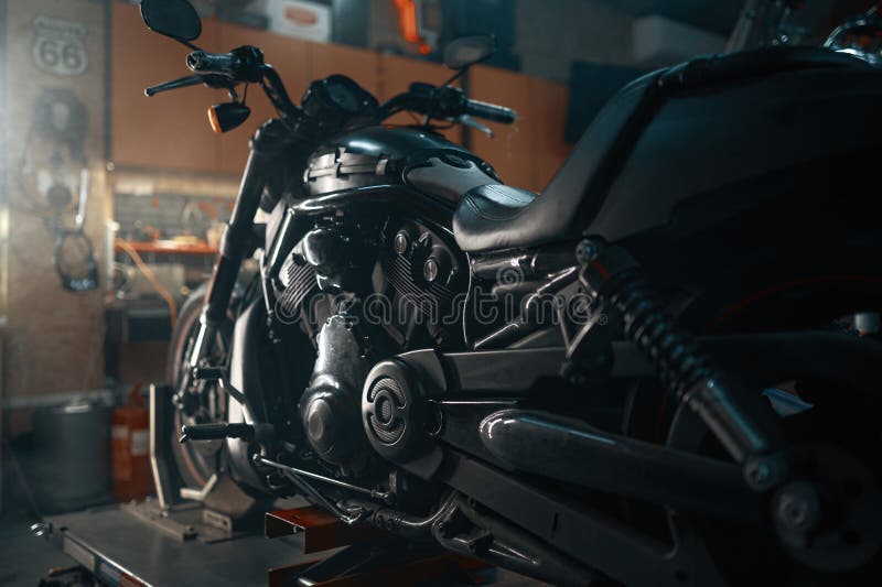 Custom Motorcycle in Authentic Creative Workshop with Flare Light ...