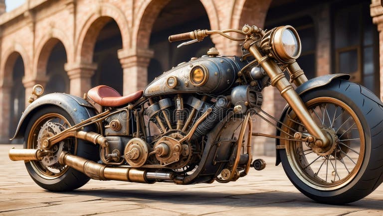 A Custom Motorcycle in an Authentic Creative Workshop. Motorcycle in Vintage Steampunk Style ...
