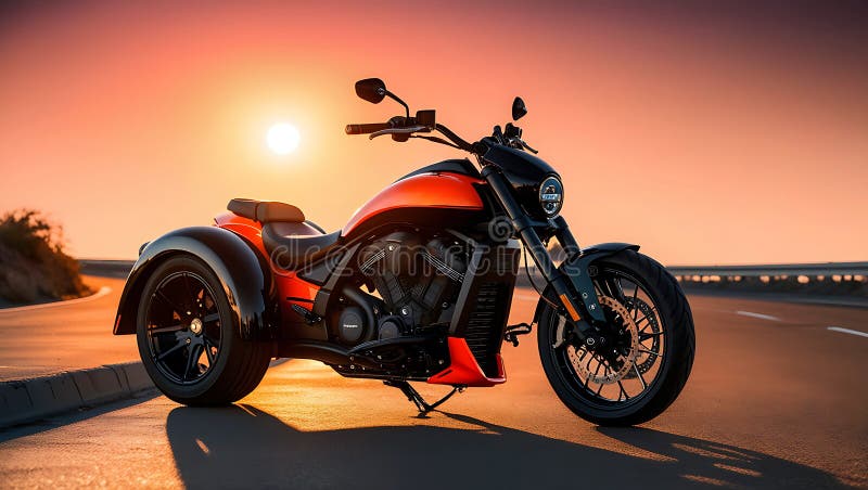 A Custom Motorcycle at Sunset on a Highway Stock Illustration ...
