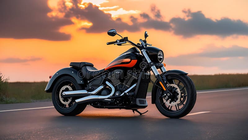 A Custom Motorcycle at Sunset on a Highway Stock Illustration ...