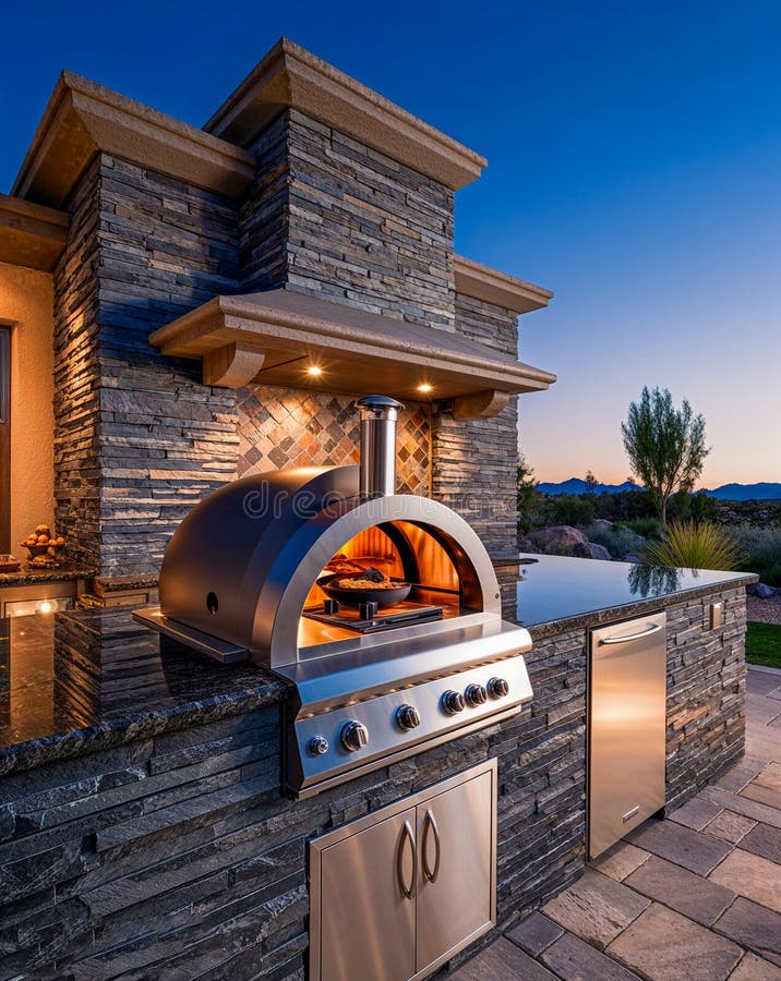 Custom Outdoor Kitchen and Living Area with Pizza Oven Stock ...