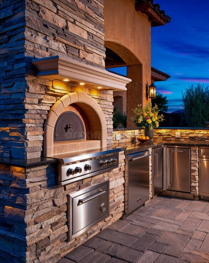 Custom Outdoor Kitchen and Living Area with Pizza Oven Stock ...