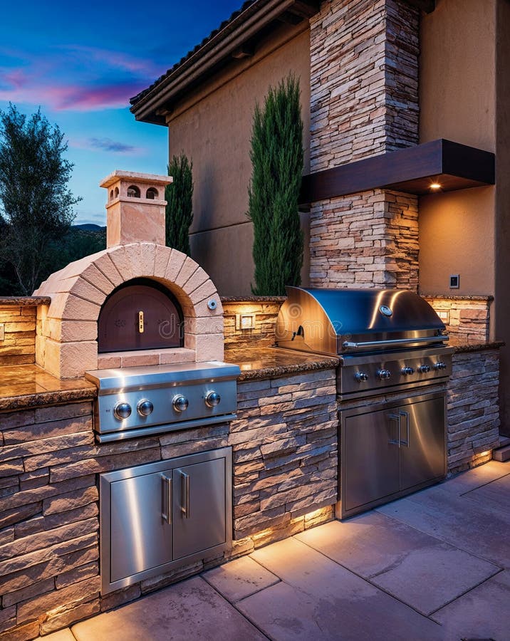Custom Outdoor Kitchen and Living Area with Pizza Oven Stock ...