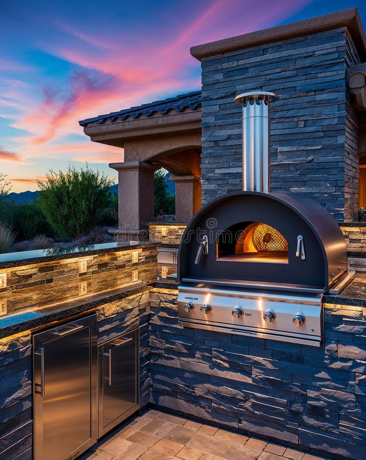 Custom Outdoor Kitchen and Living Area with Pizza Oven Stock ...