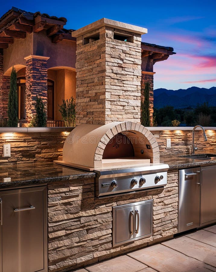 Custom Outdoor Kitchen and Living Area with Pizza Oven Stock ...