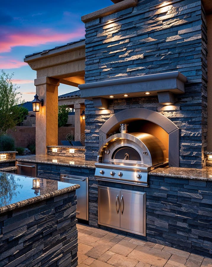 Custom Outdoor Kitchen and Living Area with Pizza Oven Stock ...