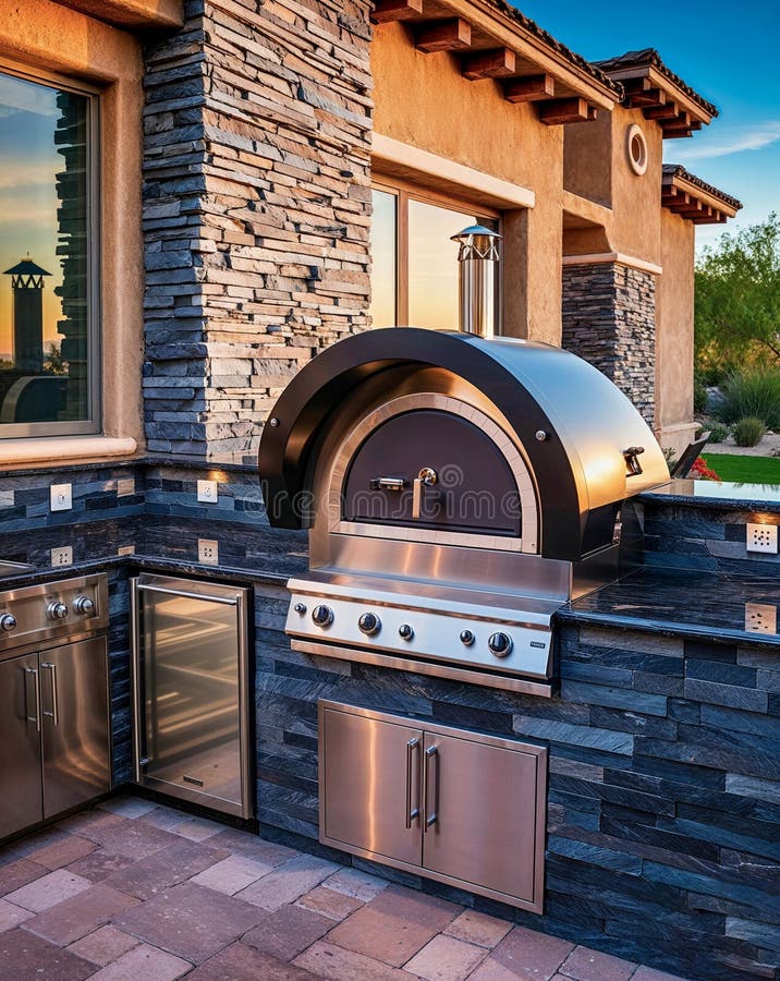 Custom Outdoor Kitchen and Living Area with Pizza Oven Stock ...