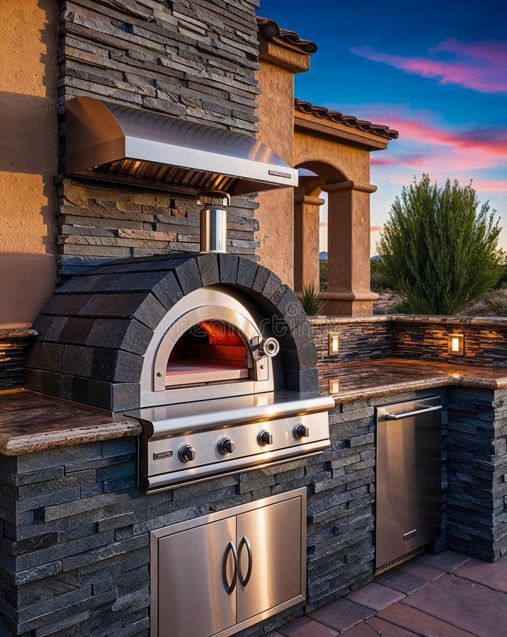 Custom Outdoor Kitchen and Living Area with Pizza Oven Stock ...