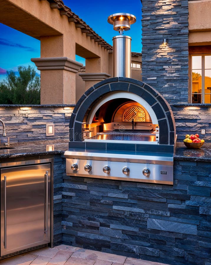 Custom Outdoor Kitchen and Living Area with Pizza Oven Stock ...