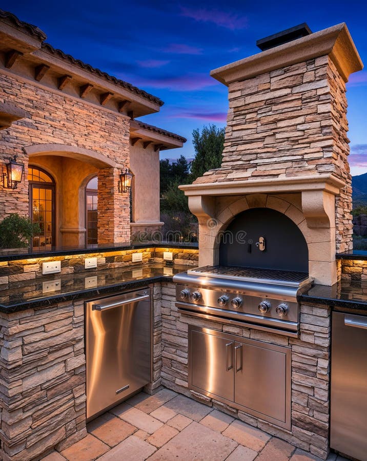 Custom Outdoor Kitchen and Living Area with Pizza Oven Stock ...