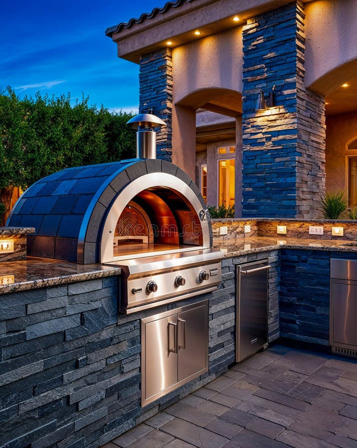 Custom Outdoor Kitchen and Living Area with Pizza Oven Stock ...