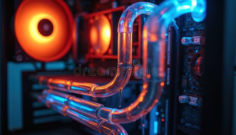 Custom PC Close-up Vibrant Orange, Blue Illuminated Liquid Cooling ...