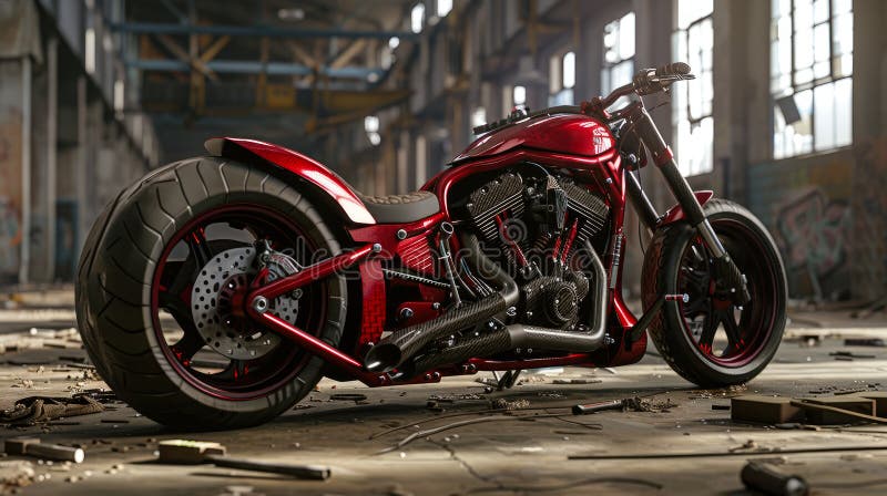 Custom Red Chopper Motorcycle Standing in an Abandoned Creative ...