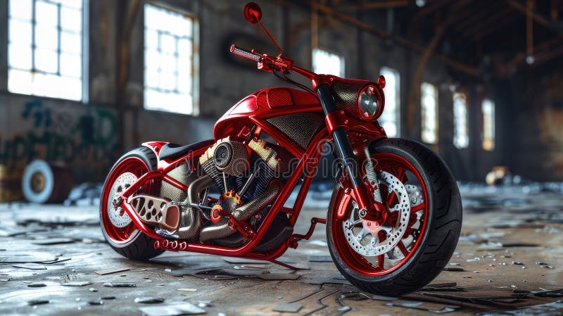 Custom Red Motorcycle at Abandoned Creative Workshop Stock Illustration ...
