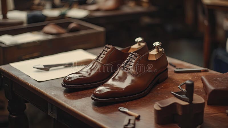 A Custom Shoemaker Workshop with Leather and Tools on a Table. Pic ...