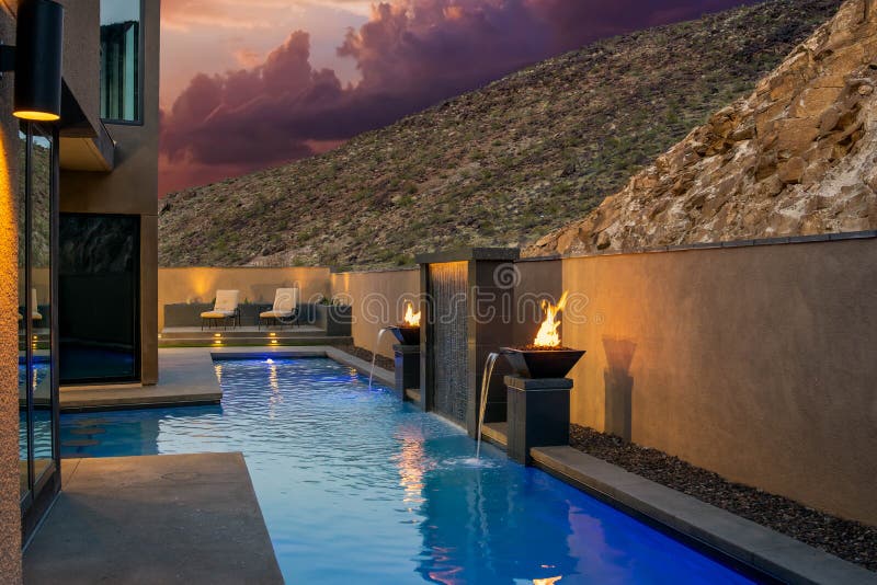 Custom Swimming Pool Water Wall that S Flanked by Two Fire & Water ...