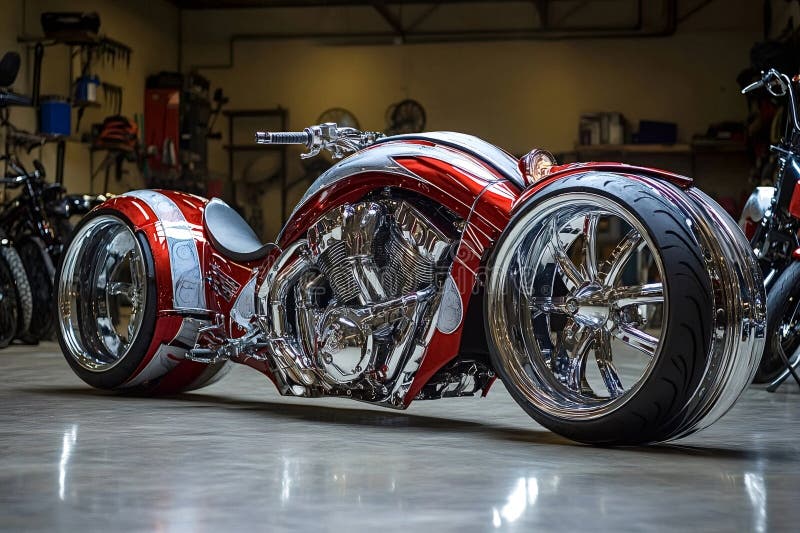 Custom Trike Motorcycle Standing in Garage or Workshop Stock Photo ...