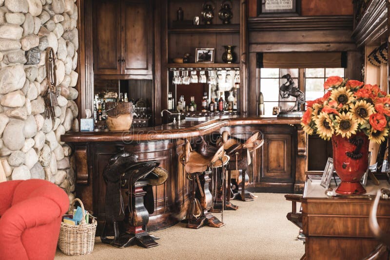 Custom Wood Bar in Luxurious Cabin Stock Image - Image of cabin ...