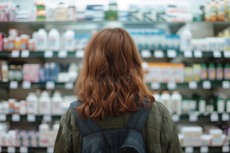 Customer with Backpack Browsing Shelves in Pharmacy Stock Illustration ...