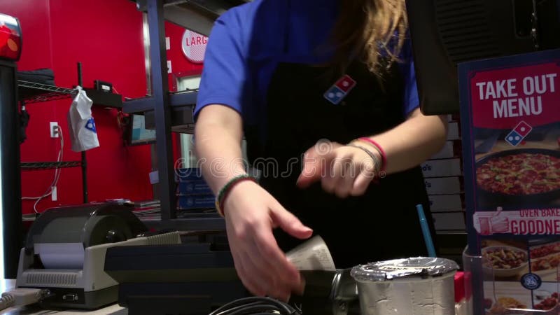 Customer Buying Domino Pizza and Taking Receipt Stock Footage - Video ...