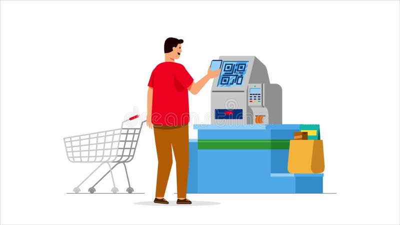 Customer Check Out His Groceries Using Touchless Self Service Cashier ...