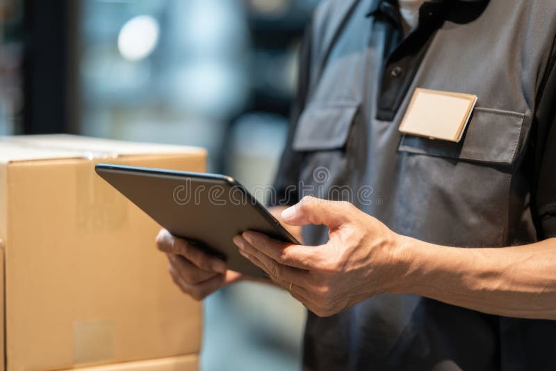 Customer Confirming Delivery Details on Tablet at Warehouse during ...