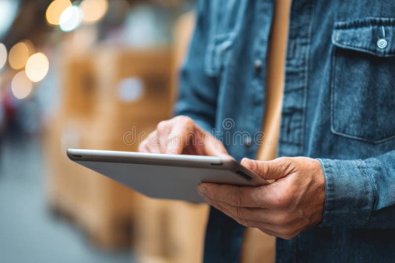 Customer Confirms Delivery on Tablet while Standing in a Warehouse ...