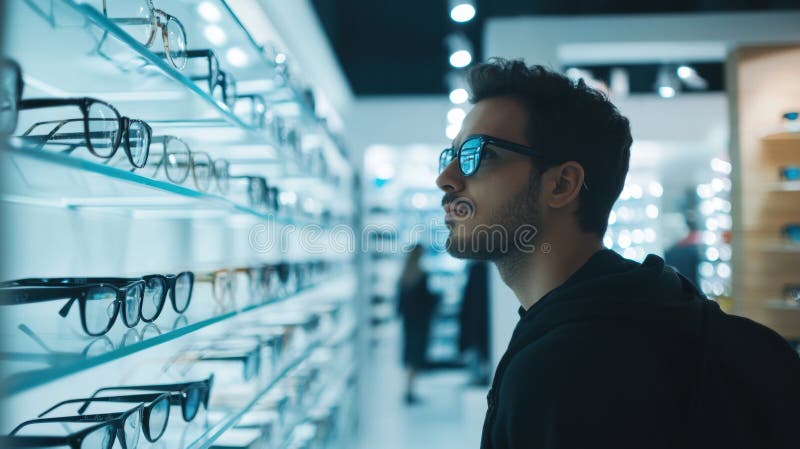 Customer Choosing Eyeglasses in Optical Store Trying Frames on Display ...