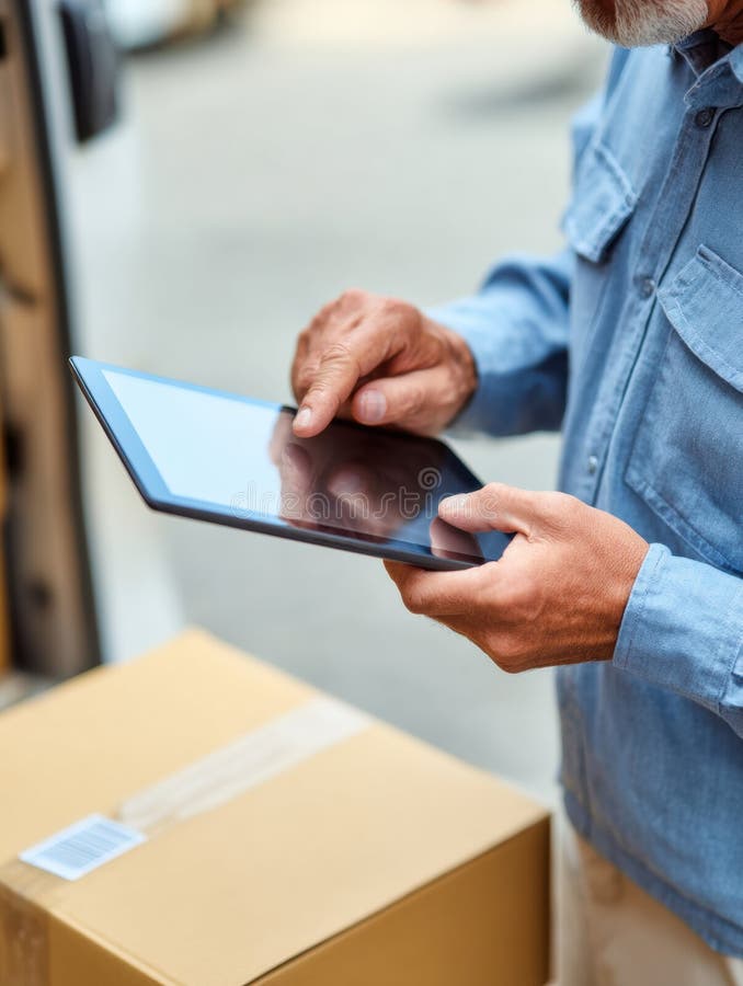 Customer Confirms Package Delivery Using Tablet while Standing Near ...