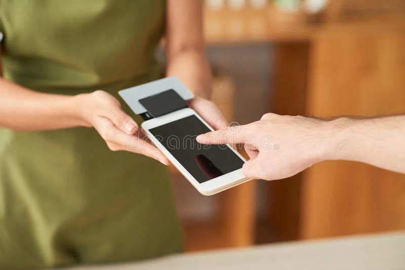 Customer Entering Cards Pin Code Stock Photo - Image of device ...