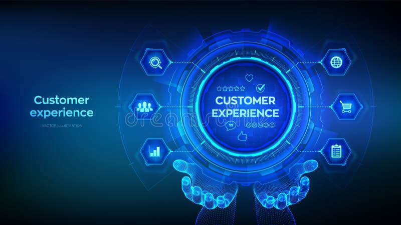 Customer Experience Technology Concept in Wireframe Hands. Customer ...