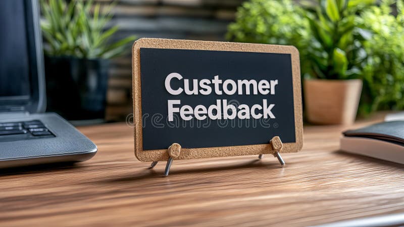 Customer Feedback Sign on Desk Surrounded by Indoor Plants and Laptop ...