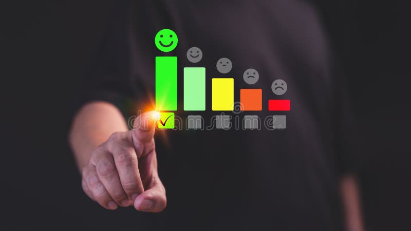 Customer Hand Selecting a Happy Smile Face on a Satisfaction Rating ...