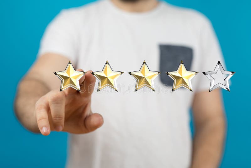 Customer Hand Touching 3D Rendered 5 Stars for Satisfaction Evaluation ...