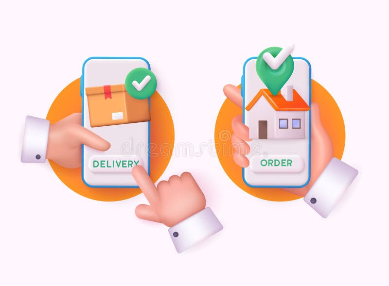 Customer Hold Phone with Delivery App. Box with Check Mark and House ...