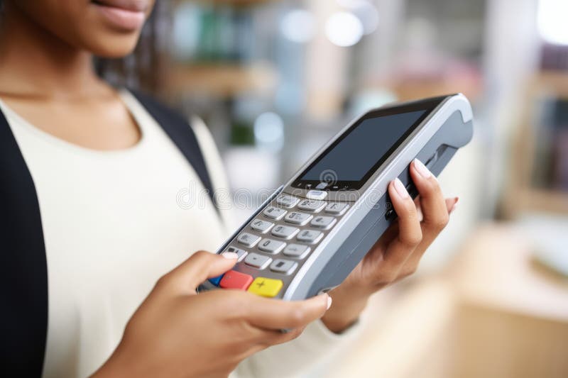 A Customer is Holding a Card Reader while Completing a Transaction in a ...