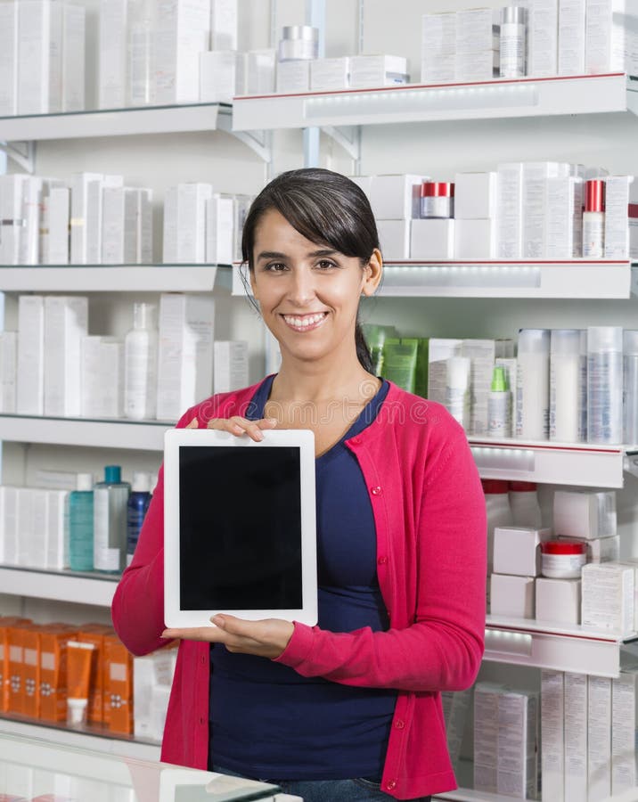 Customer Holding Digital Tablet with Blank Screen in Pharmacy Stock ...