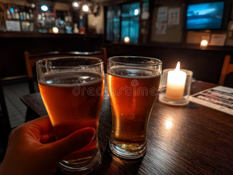 Customer Holding Pint of Beer in Pub with Candlelight Stock ...
