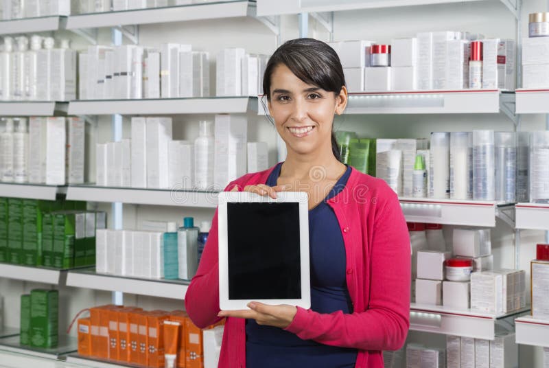 Customer Holding Tablet Computer with Blank Screen in Pharmacy Stock ...