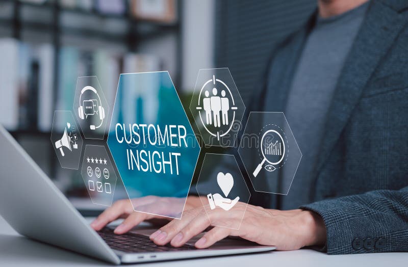 Customer Insight and Digital Marketing Strategy Concept. Person Works on Laptop with Icons ...