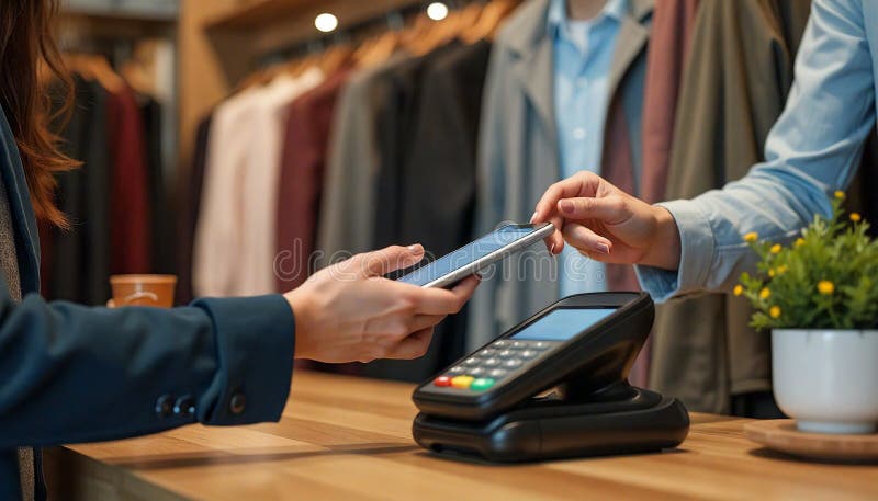 Customer Using Smartphone To Make Nfc Payment in Clothing Store Stock ...