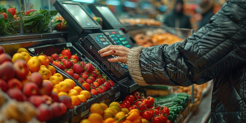 Customer Paying for Fresh Produce at a Grocery Store. Created by ...