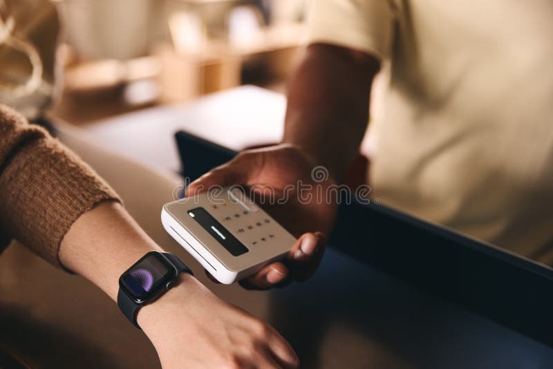 Customer Paying Using Smart Watch Mobile Payment NFC Contactless ...